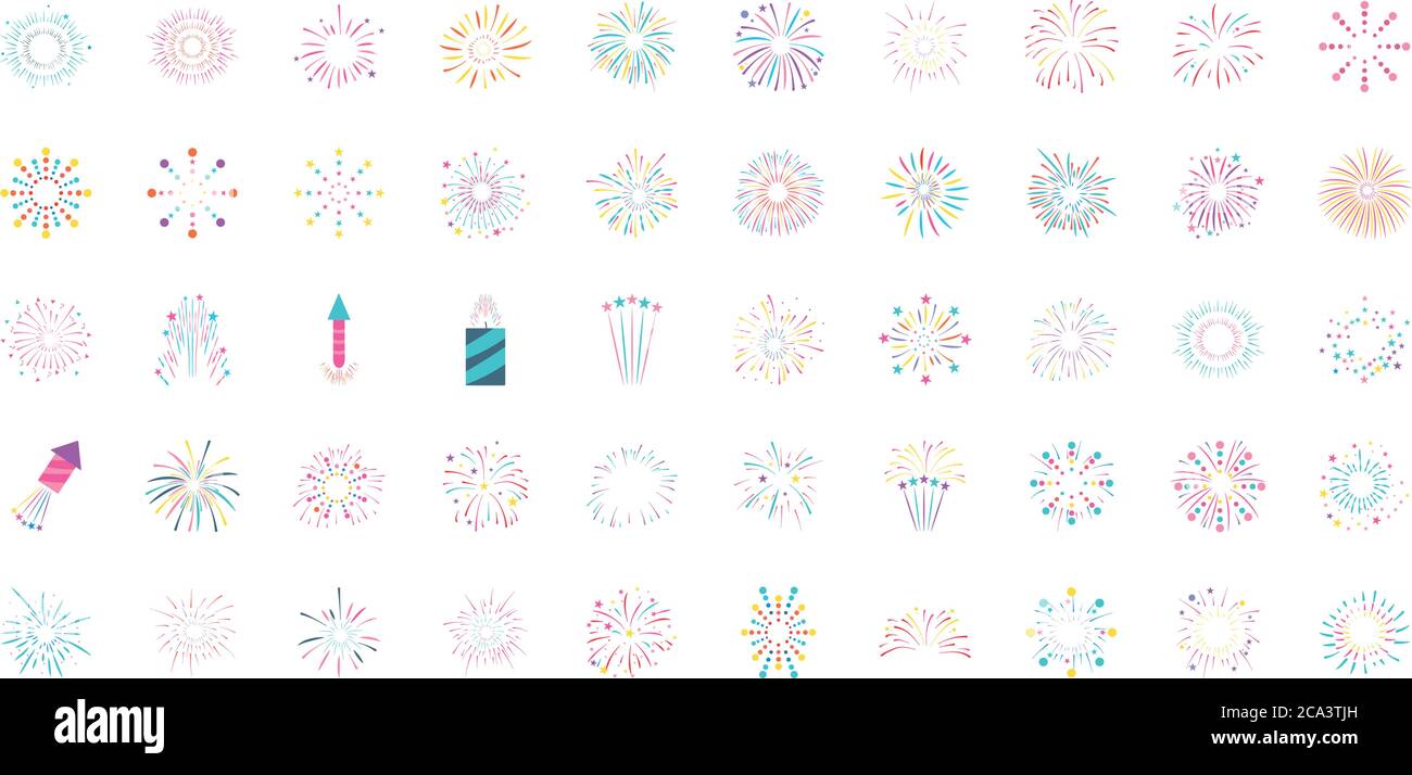 icon set of fireworks over white background, flat style, vector ...