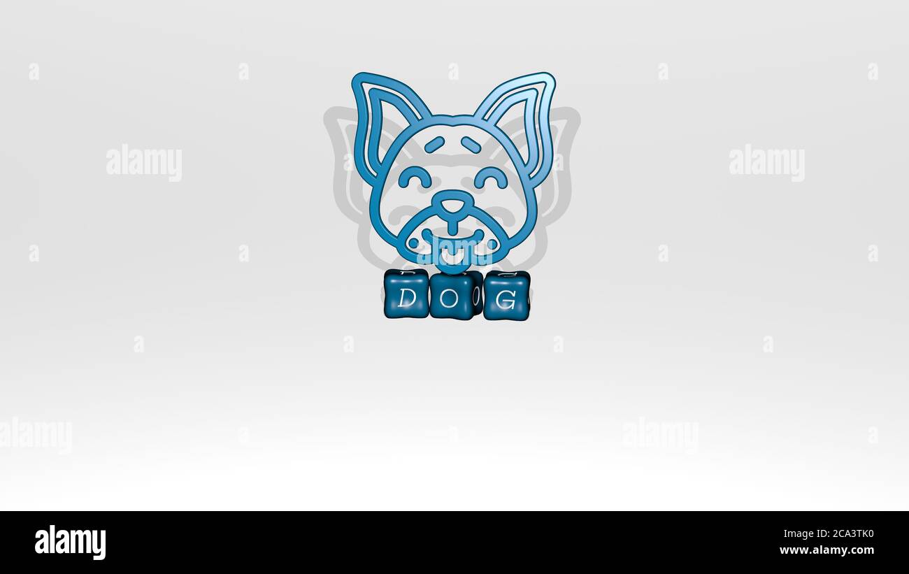 3D illustration of DOG graphics and text made by metallic dice letters ...