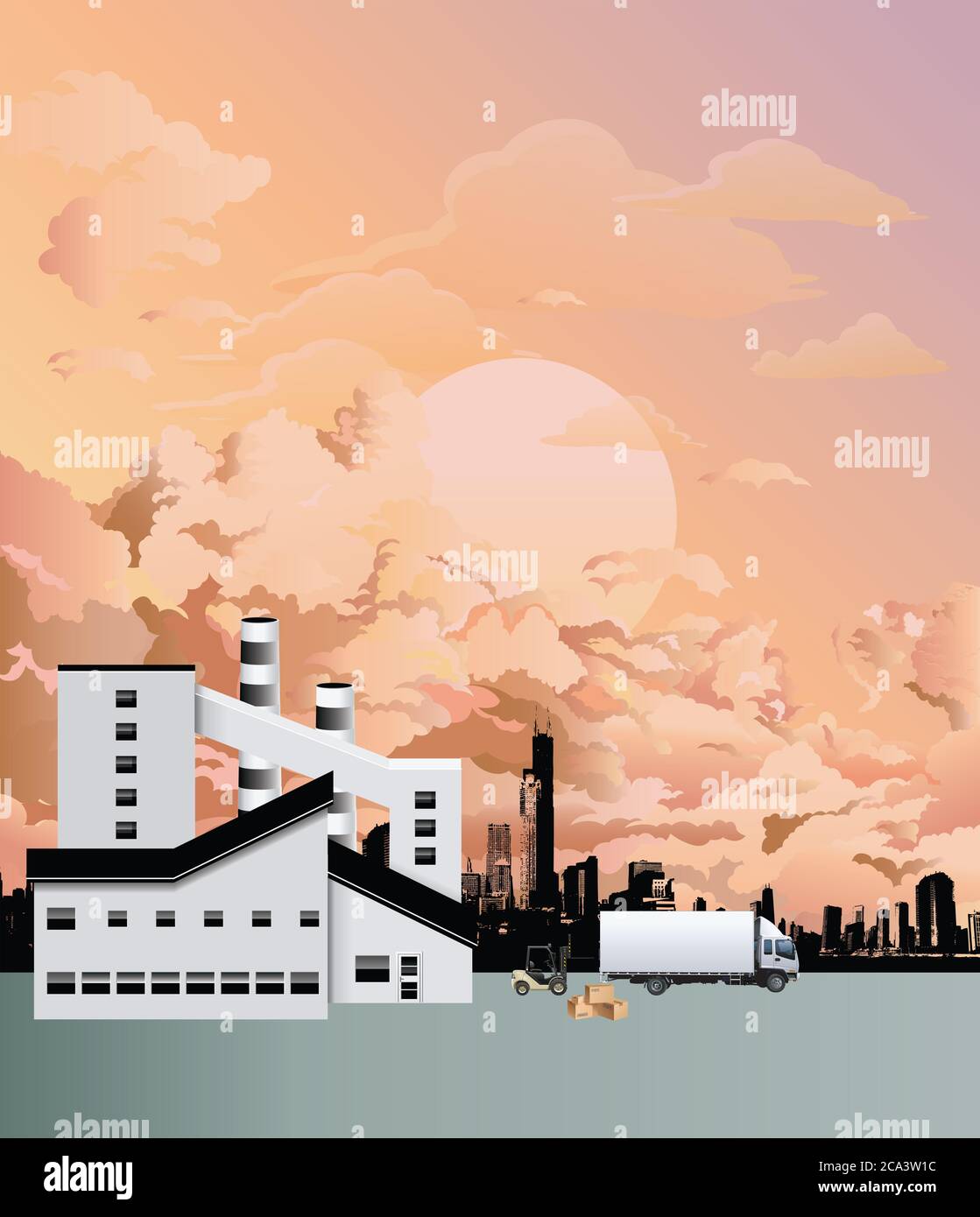 Modern factory building with generic silhouetted city skyline set ...