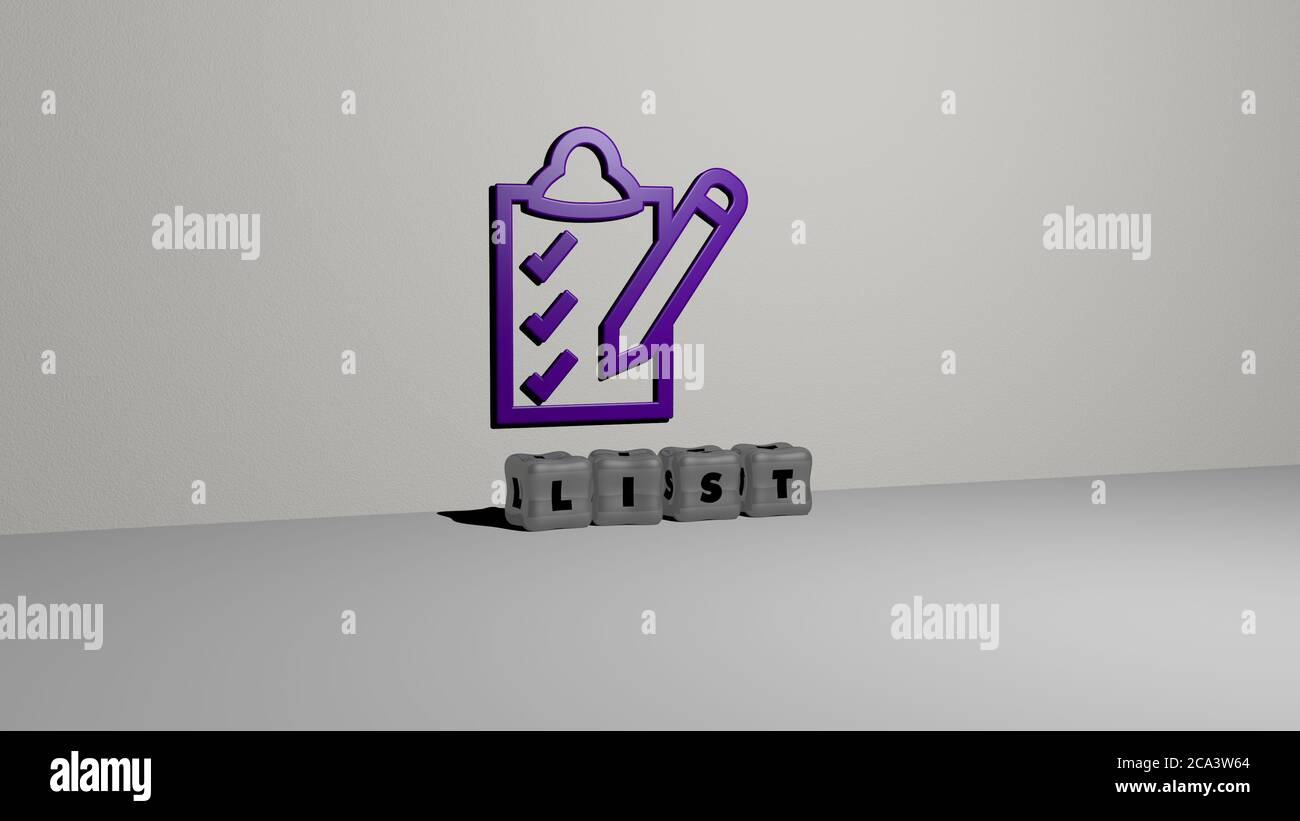 3D representation of LIST with icon on the wall and text arranged by ...