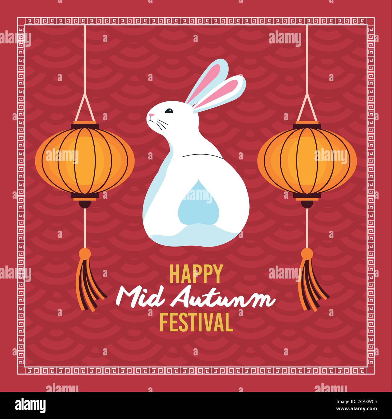 happy mid autumn festival with rabbit and lanterns hanging vector ...