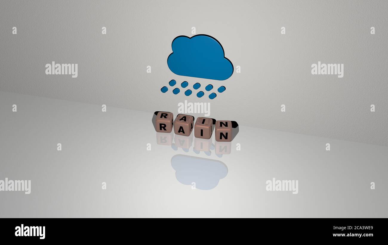 3D illustration of RAIN graphics and text made by metallic dice letters ...