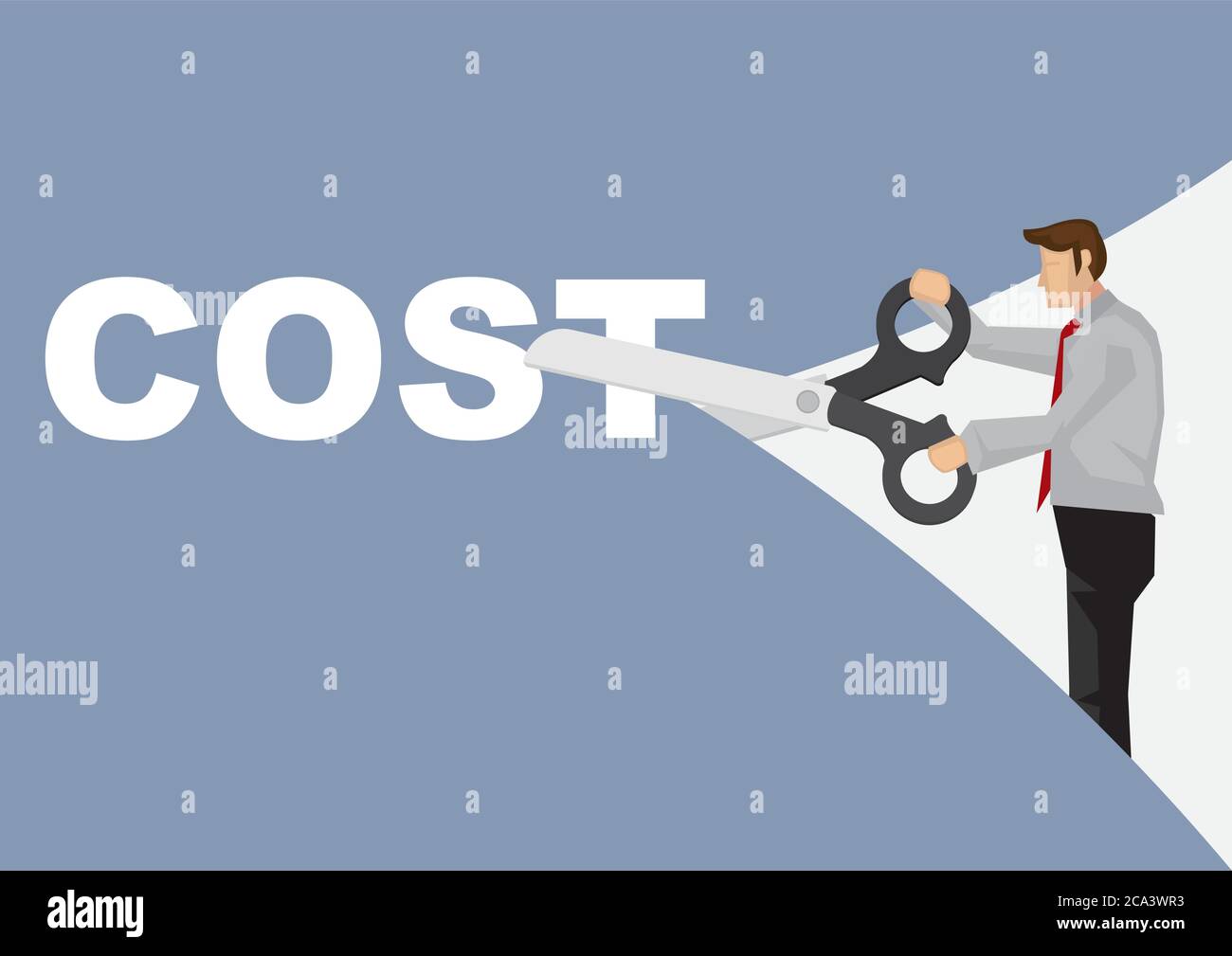 Businessman with a giant scissor cutting a cost paper. Concept of cost ...