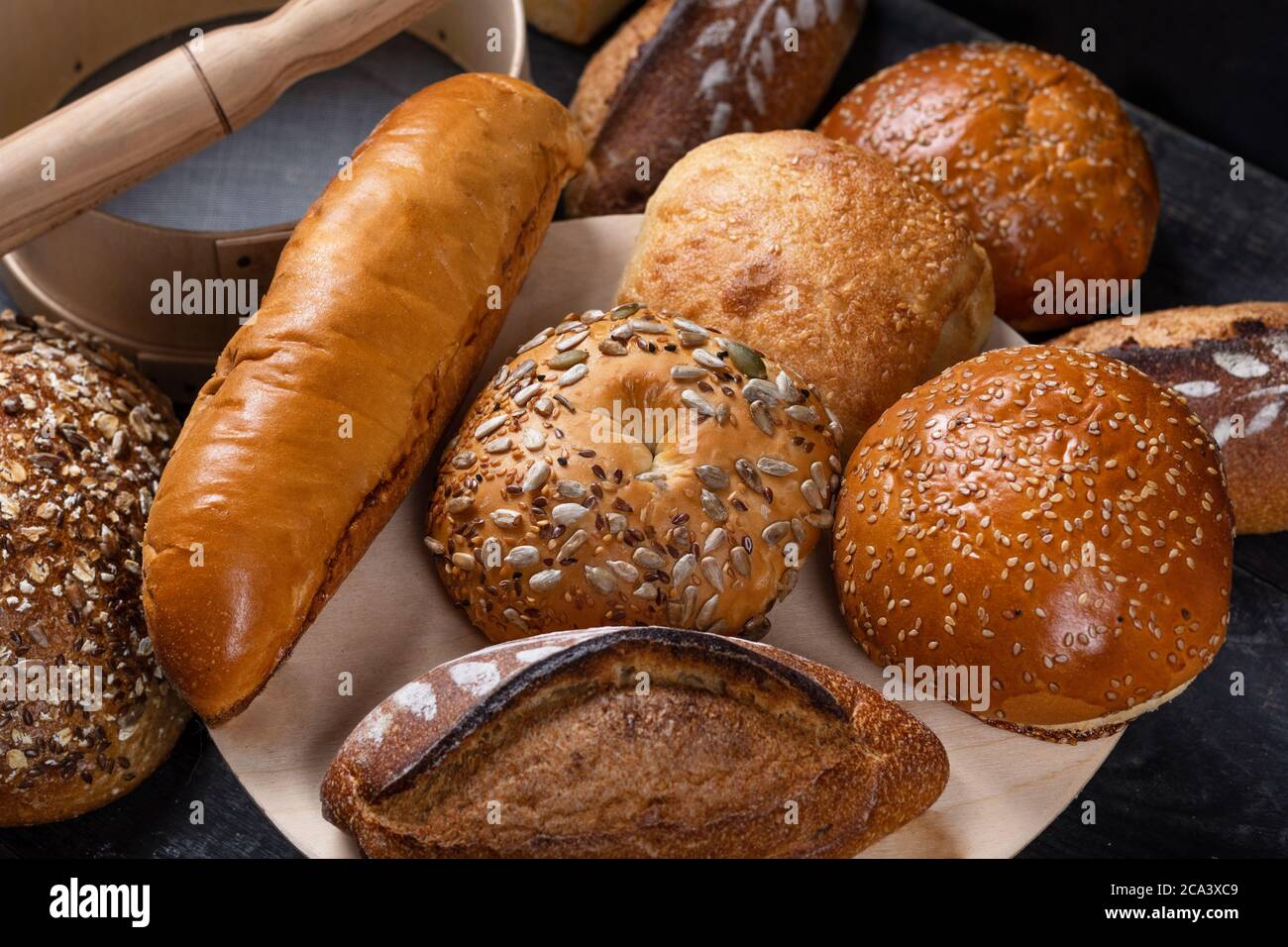 Tasty breads, loaves, top view Stock Photo - Alamy