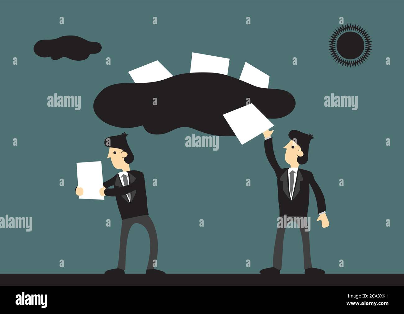 Cartoon businessmen using cloud technology to transfer and share ...