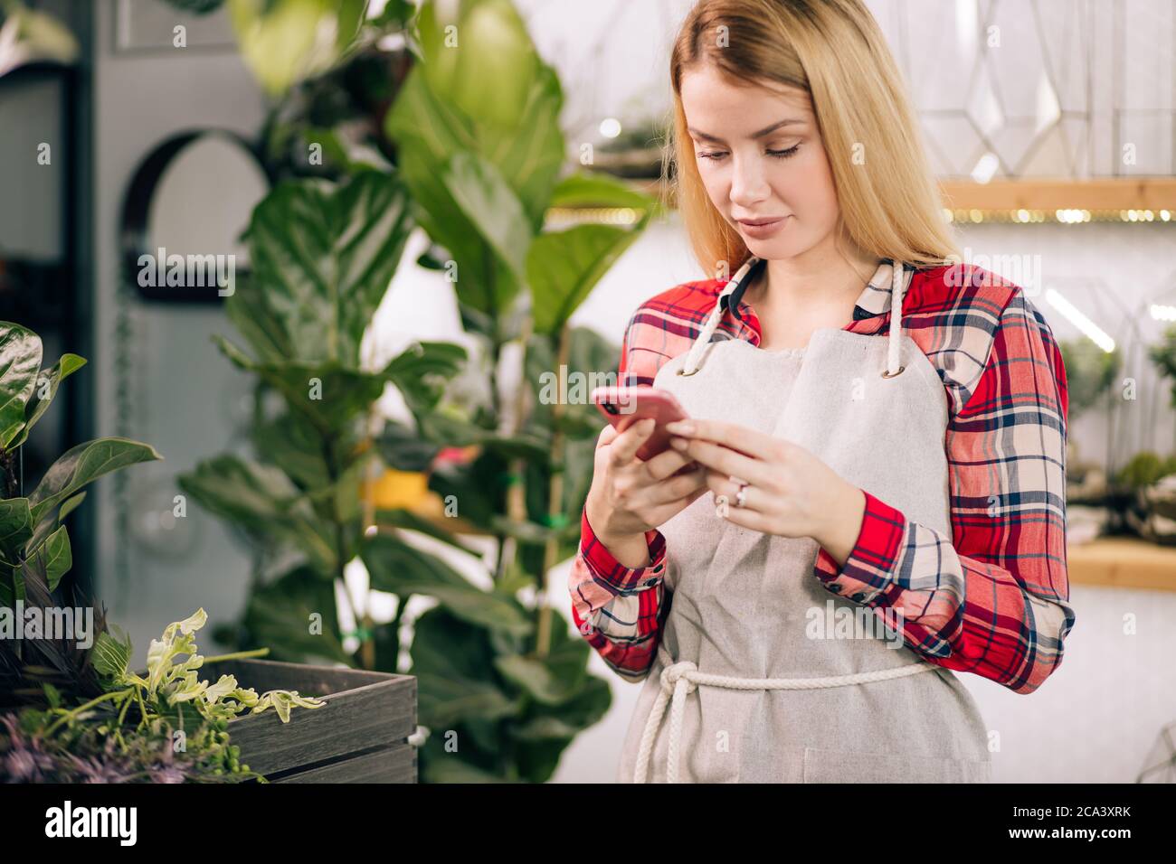 happy caucasian lady florist with blonde hair at work, chatting with ...