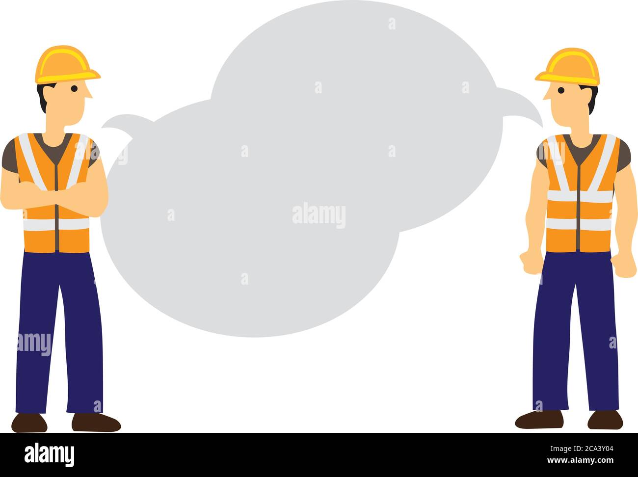 Conversation between two construction workers with empty speech bubble. Flat vector isolated ...