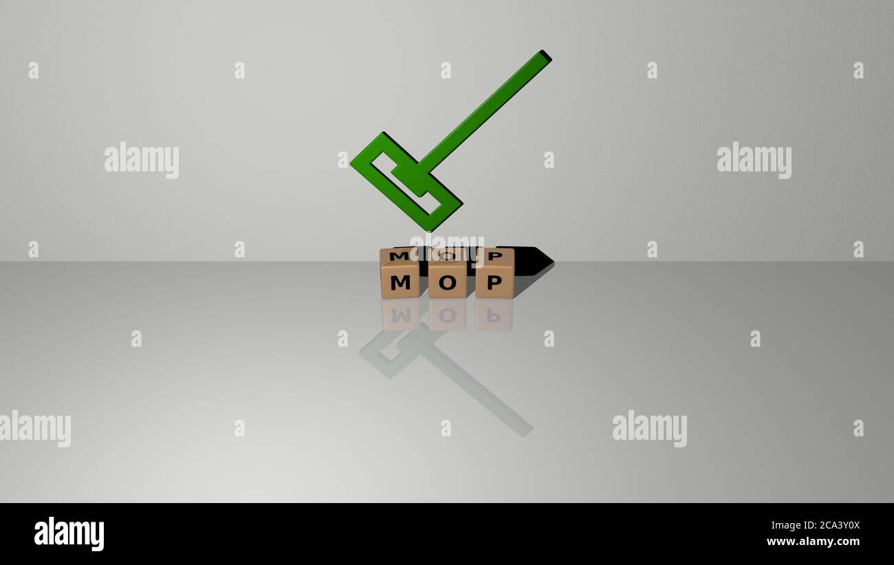 3D illustration of mop graphics and text made by metallic dice letters ...