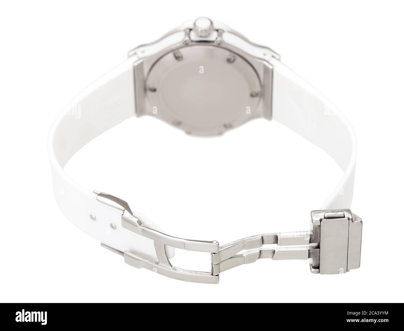 wristwatch with an open lock on a light rubber strap of a silver watch ...