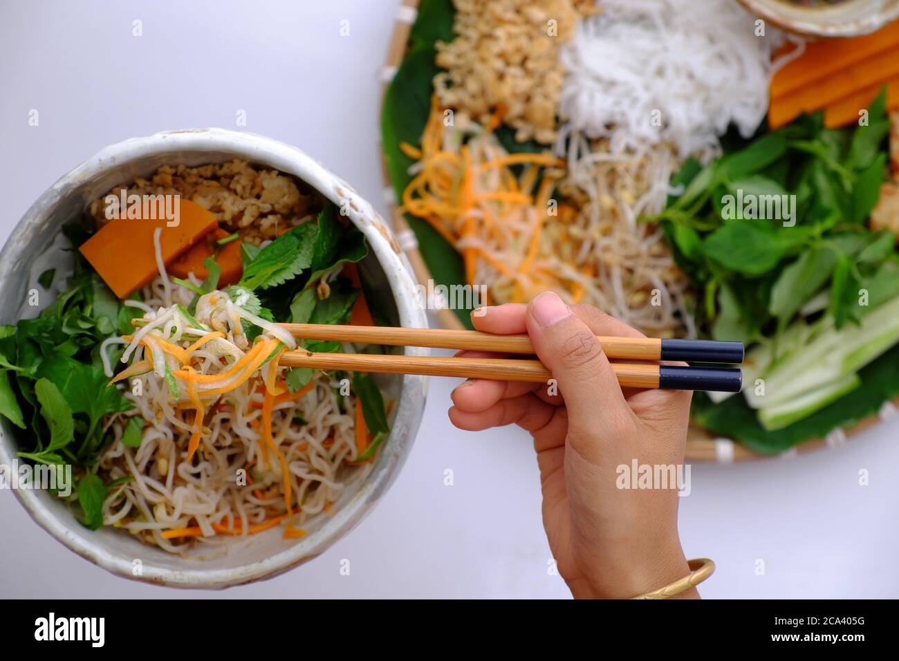 Top view tray of vegetarian food ready to eat, vegan noodles mixing ...