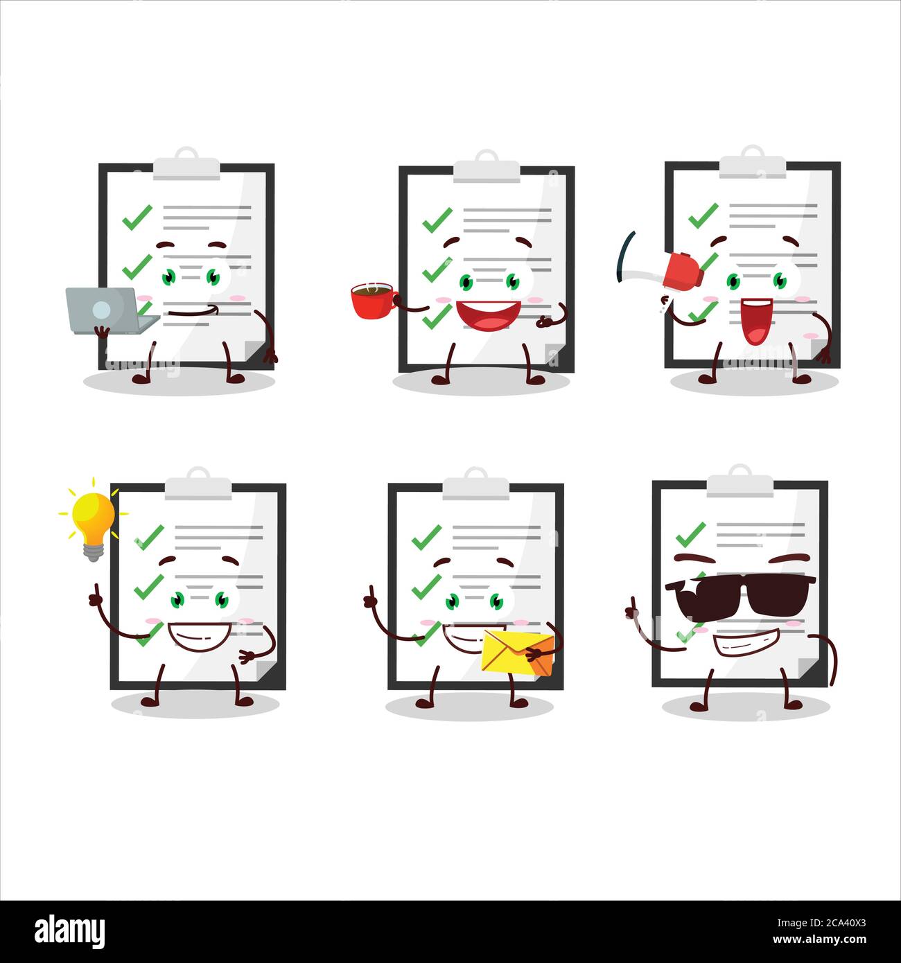 Clipboard with checklist cartoon character with various types of ...