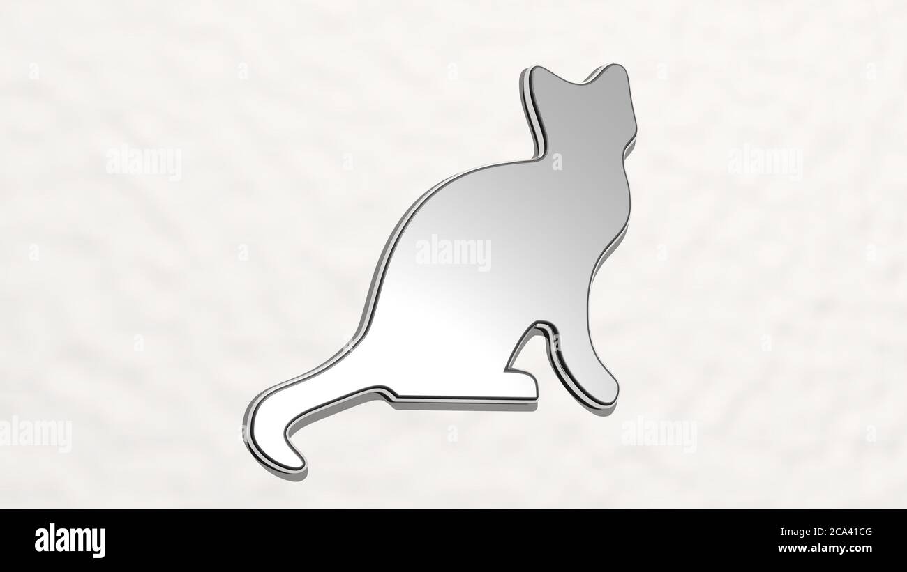 cat on the wall. 3D illustration of metallic sculpture over a white ...