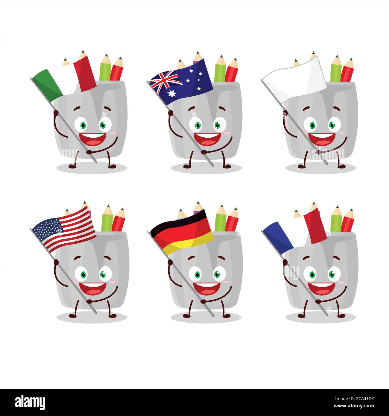 Glass of pencil cartoon character bring the flags of various countries ...