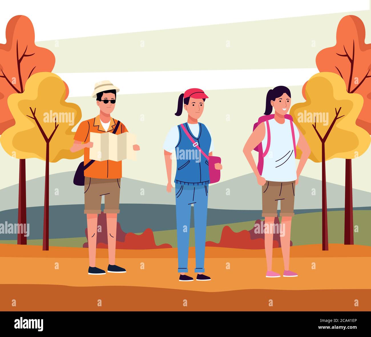 group of tourist people doing activities in the autumn landscape vector ...