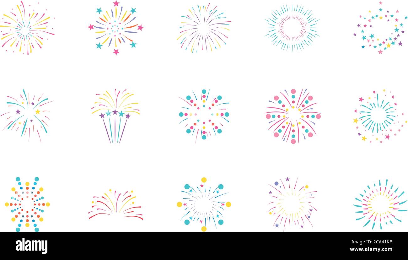 icon set of fireworks explosion over white background, flat style ...