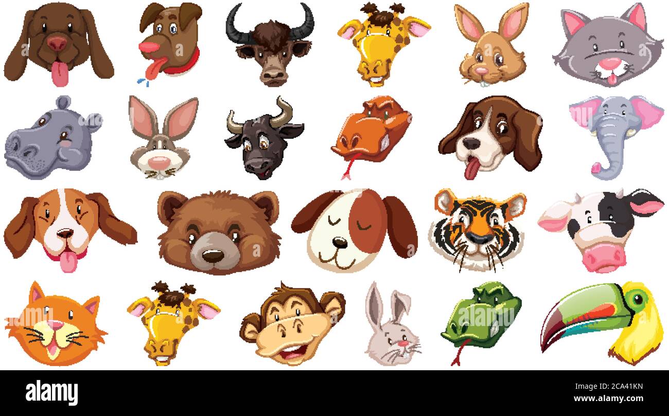 Set of different cute cartoon animals head huge isolated on white ...