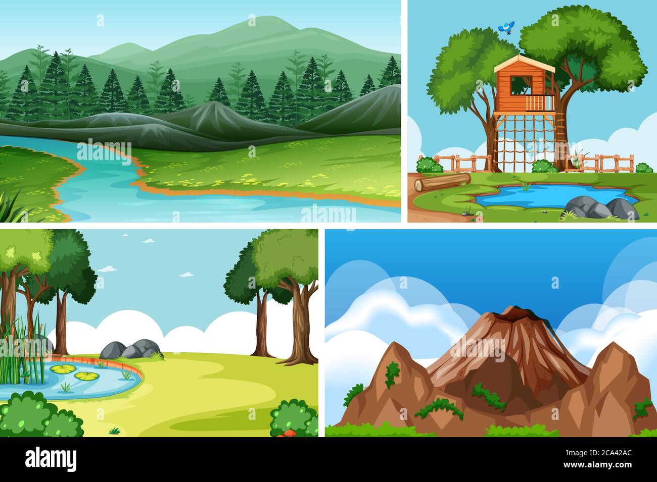 Four different scenes in nature setting cartoon style illustration ...