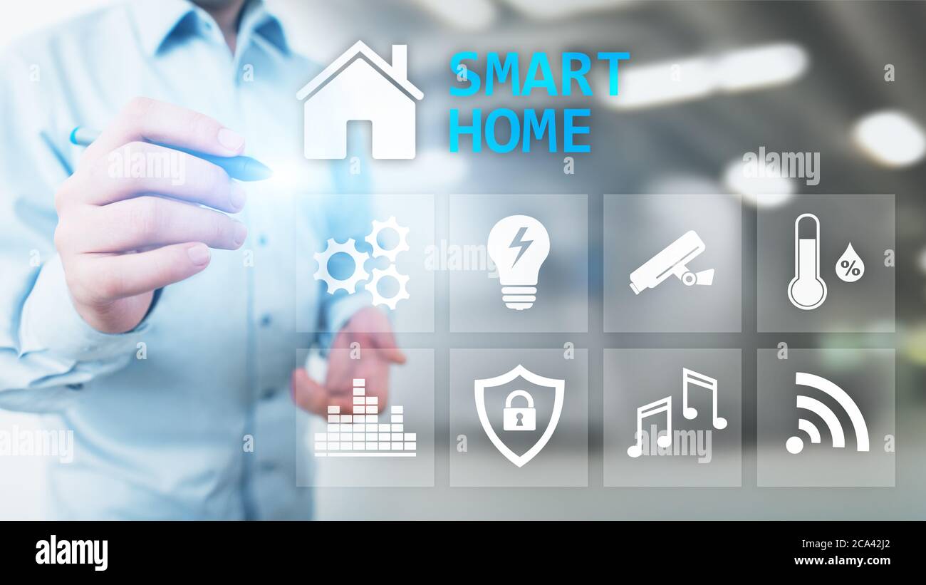 Smart home control panel on virtual screen. Internet of things, IOT ...