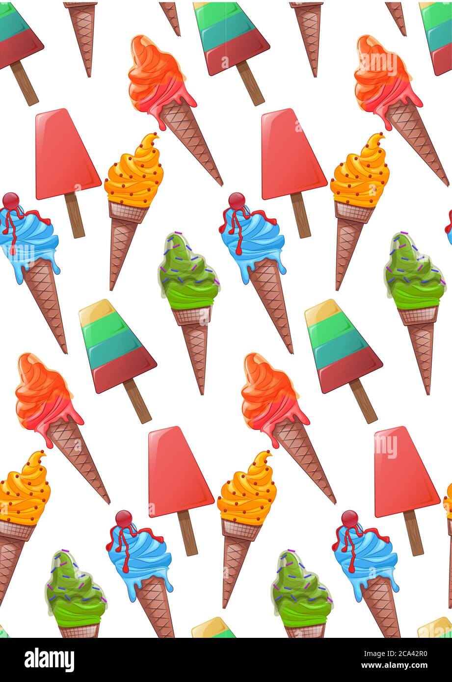 Seamless pattern of cartoon colored ice cream with various decorations ...
