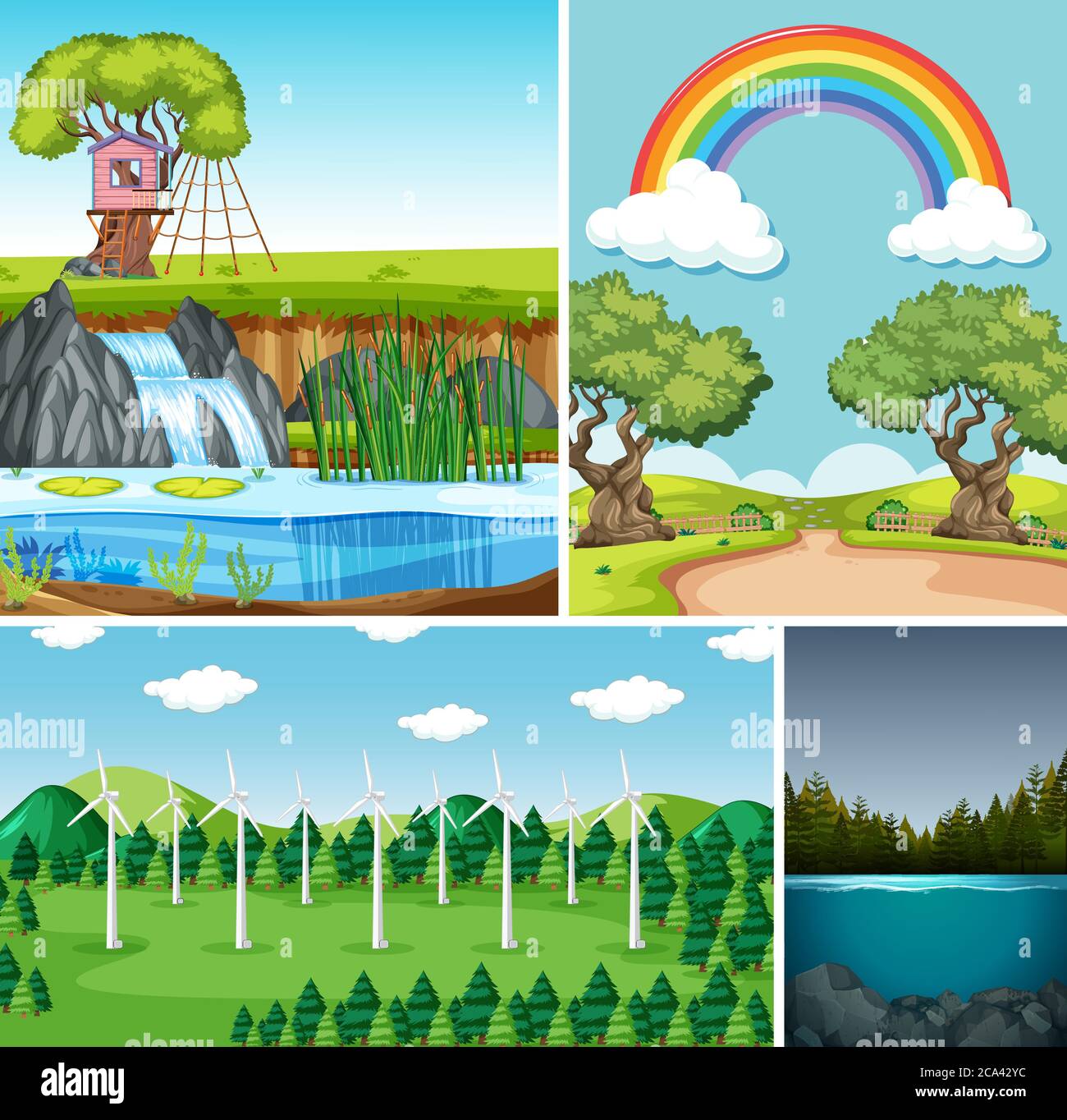 Four different scenes in nature setting cartoon style illustration ...