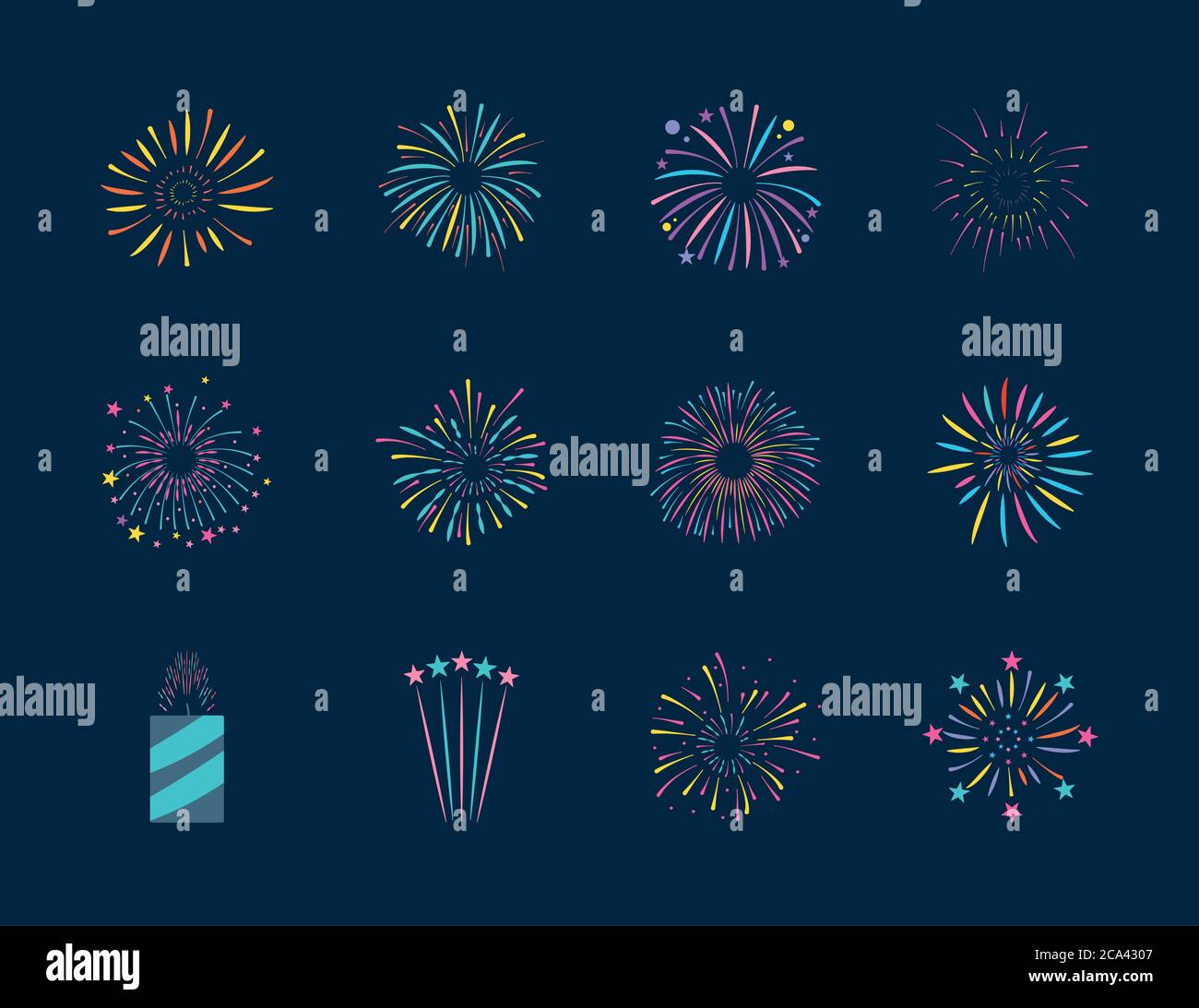 icon set of fireworks bursts over white background, blue style, vector ...