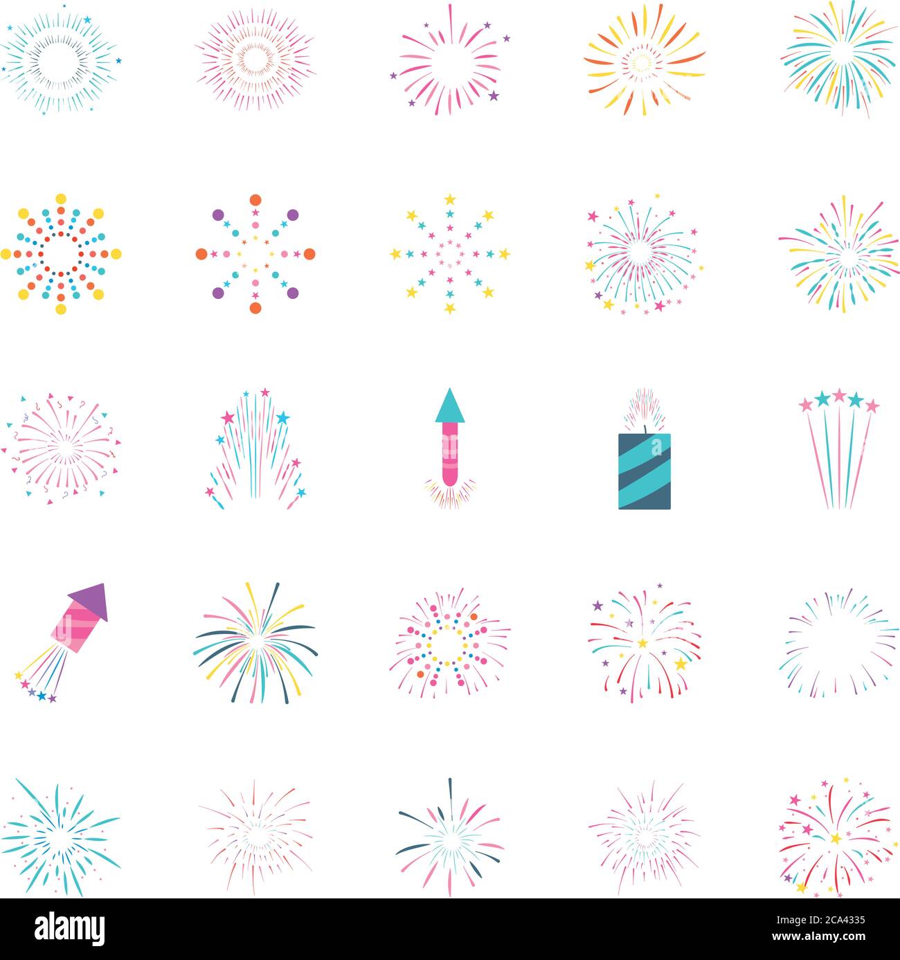 icon set of round burst of fireworks over white background, flat style ...