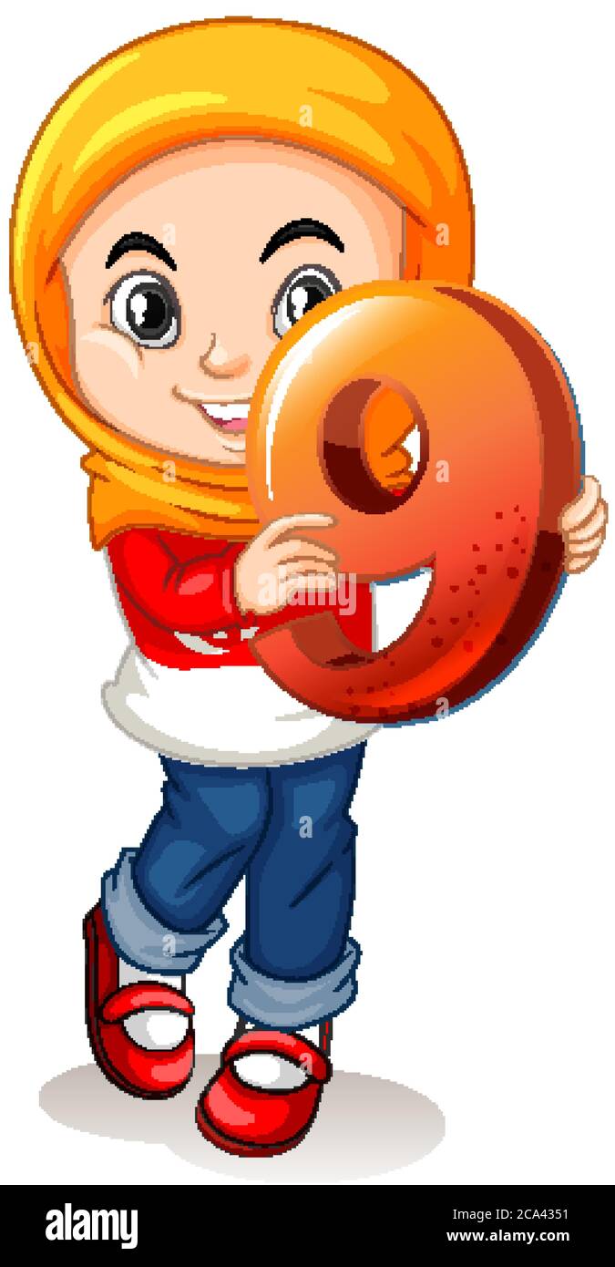 Muslim girl wearing hijab holding math number nine illustration Stock ...