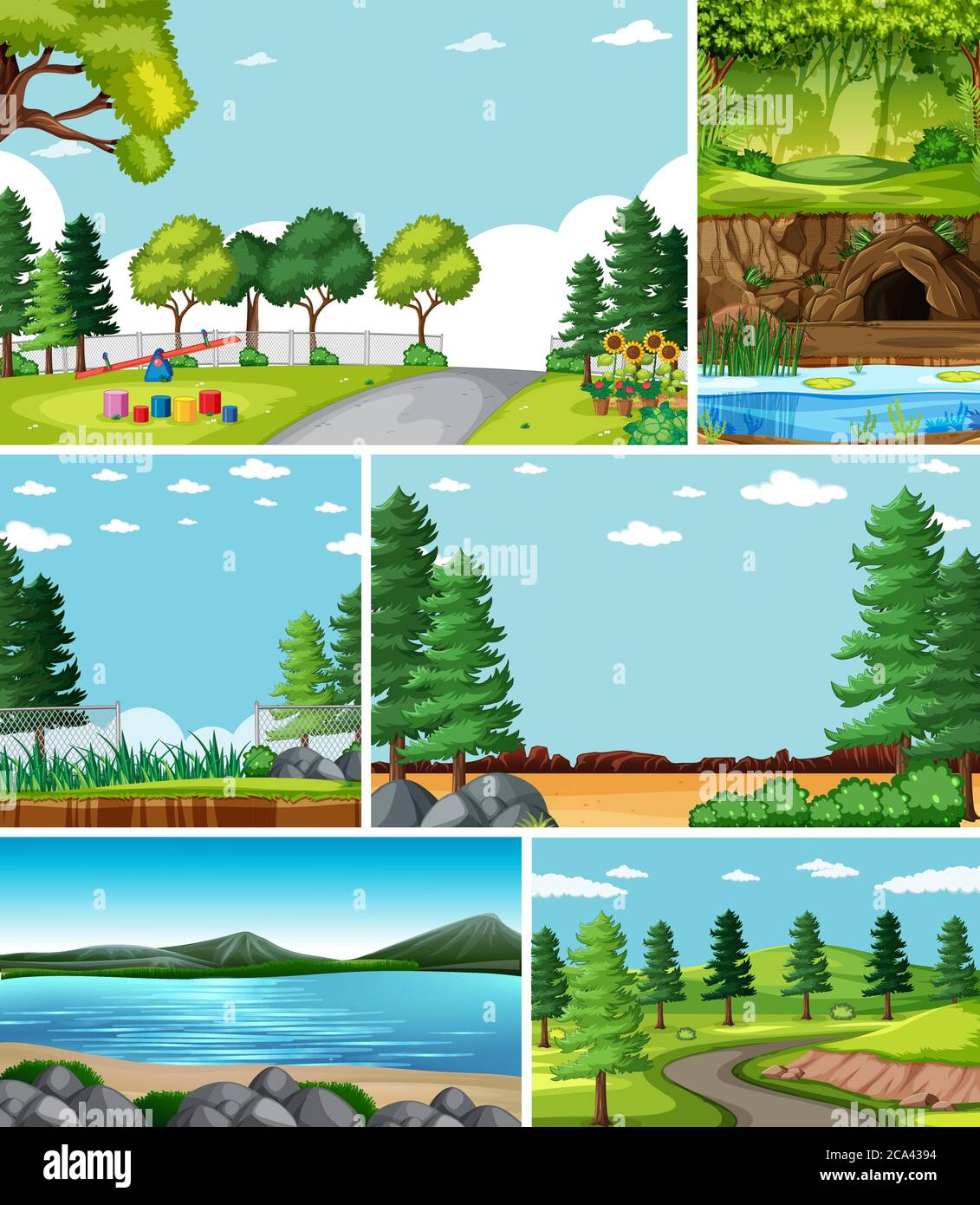 Four different scenes in nature setting cartoon style illustration ...