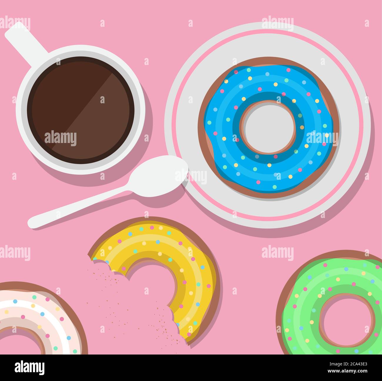 Vector illustration of a cup of coffee and donuts. View from above ...