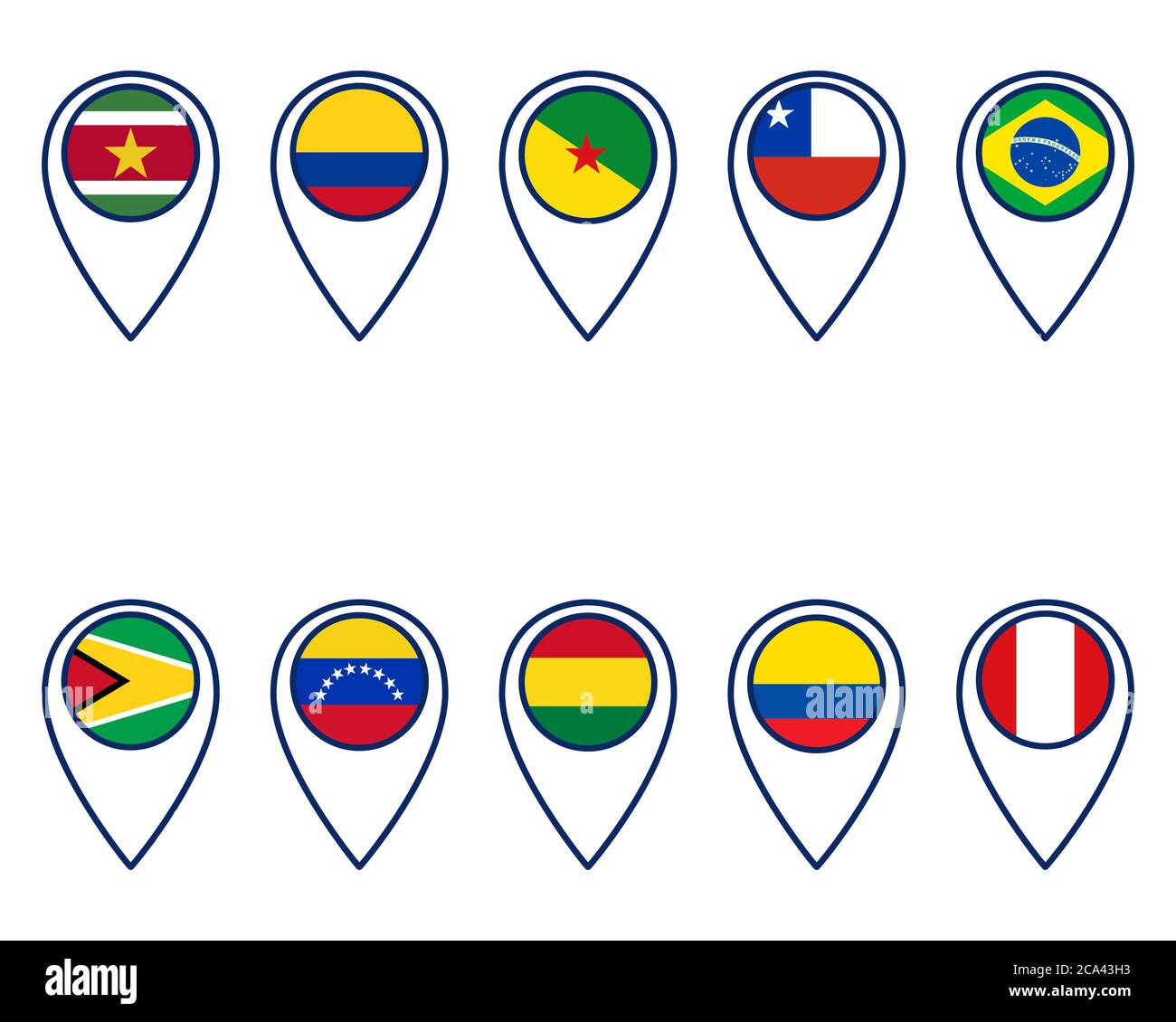 Flags of South America in locator pins Stock Photo - Alamy
