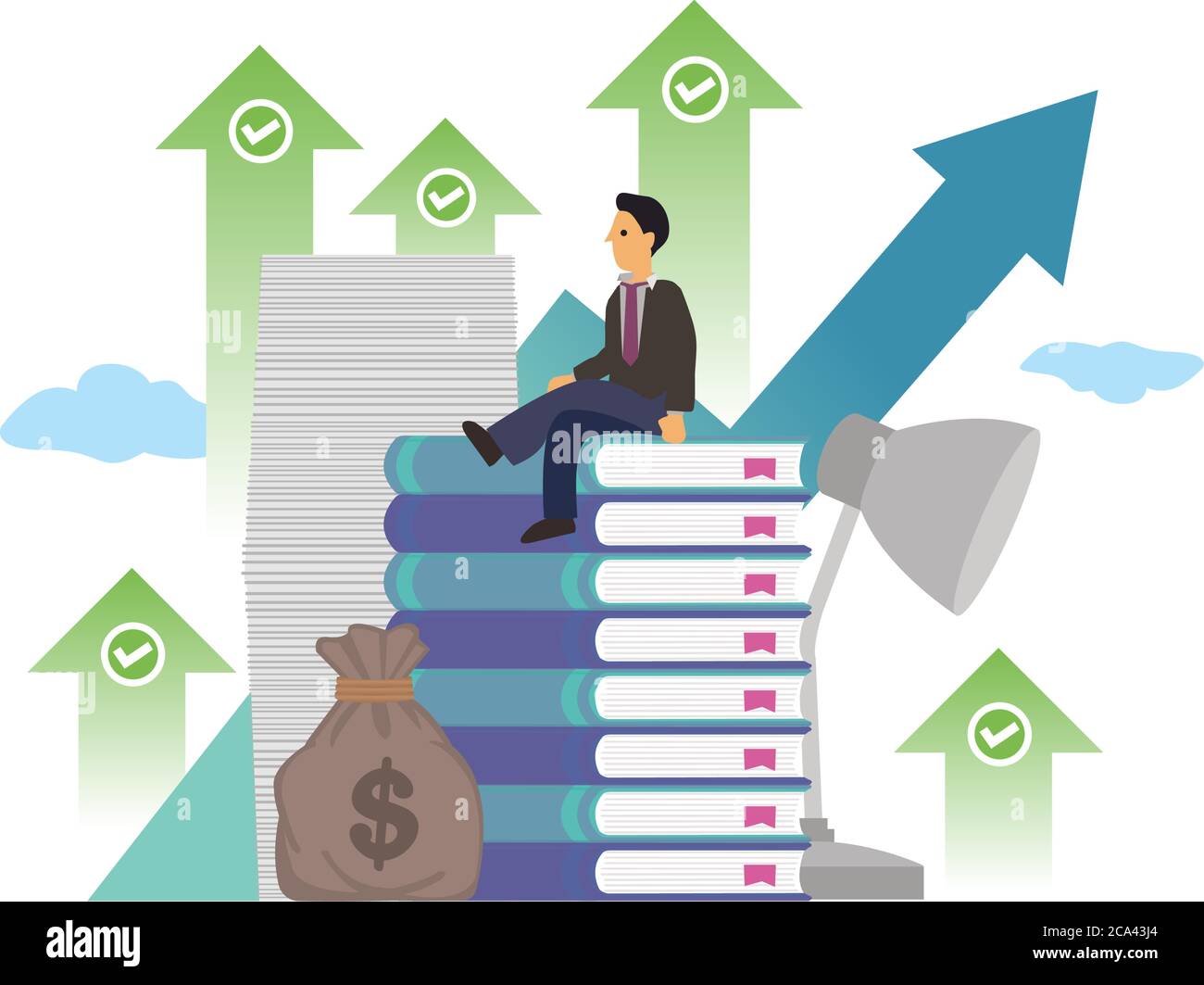 Businessman surround with books, documents, money and upward green ...