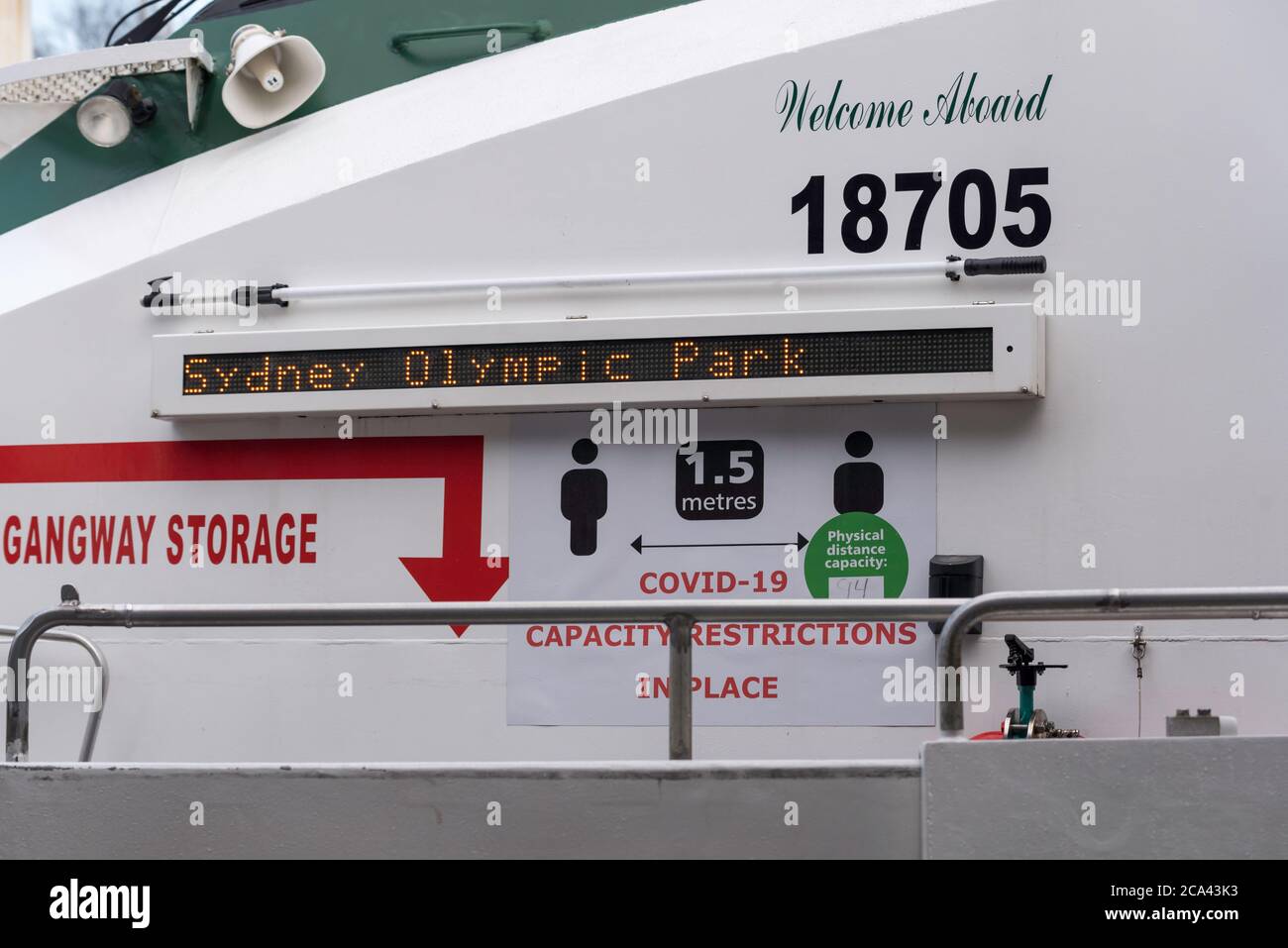 A close up of a Covid-19 passenger restriction notice on a Sydney River ...