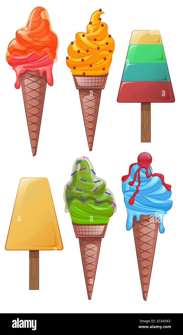 Set of cartoon colored ice cream with various decorations. Vector ...