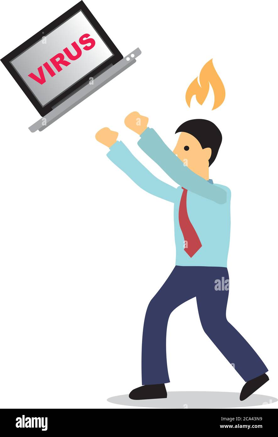 Angry businessman throws his laptop. Concept of virus attack or ...