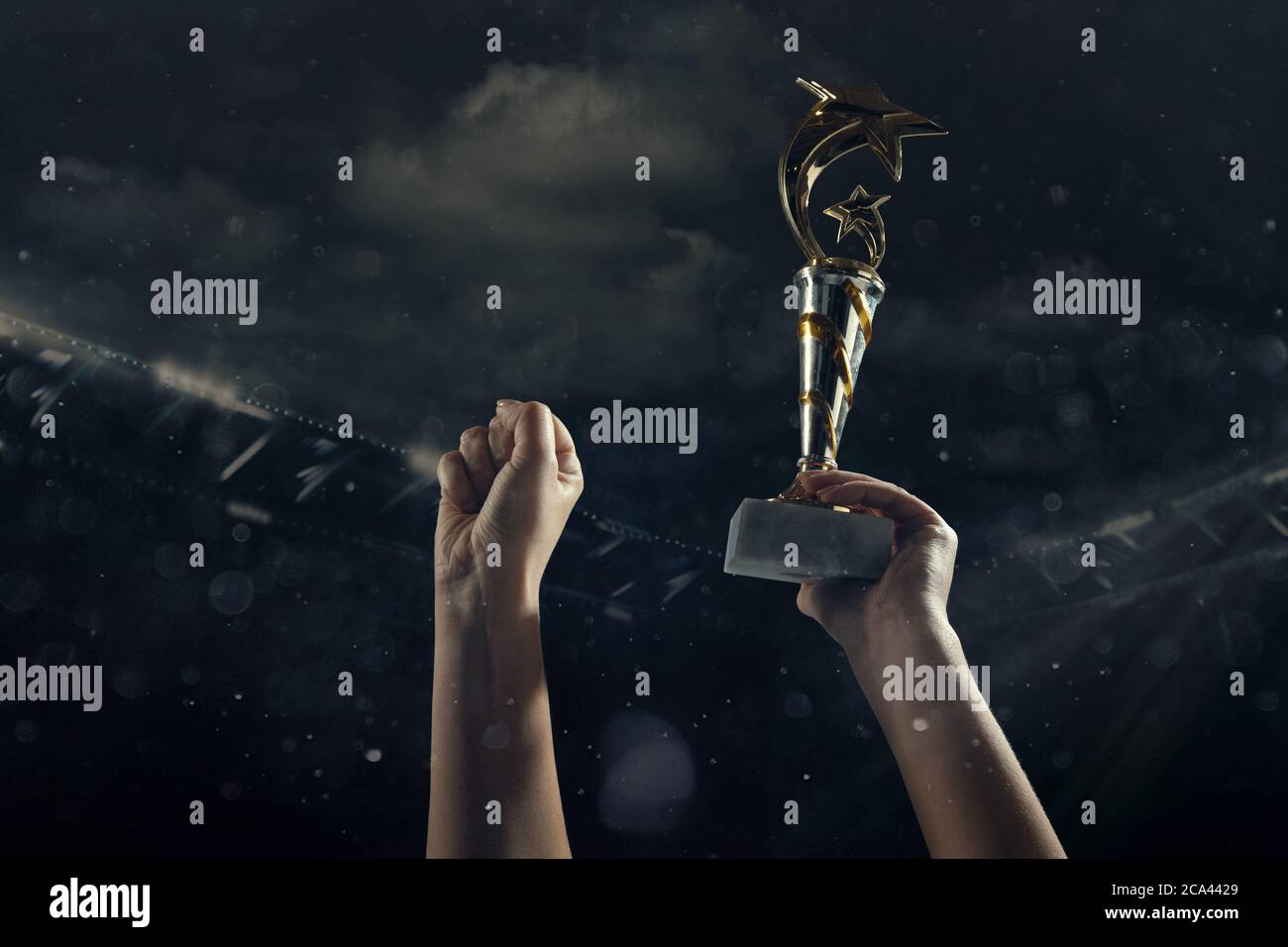Hard work. Award of victory, male hands tightening the golden cup of ...