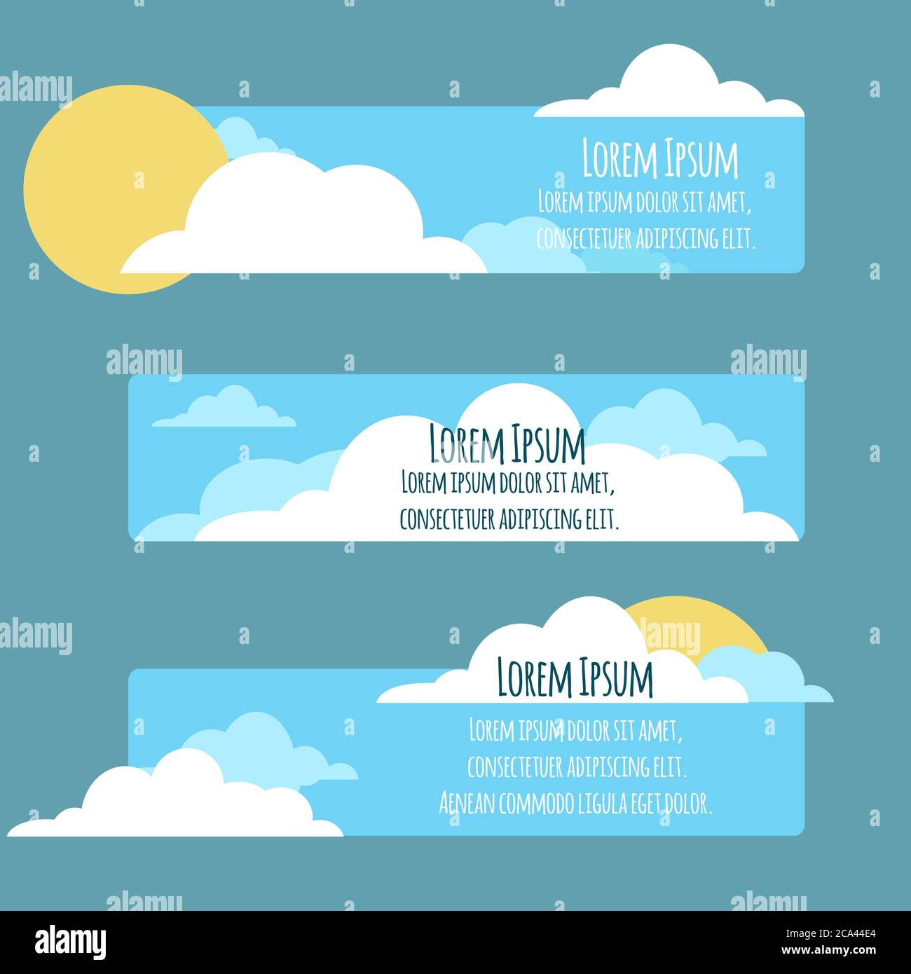 Set of flat banners with sky, sun, clouds and place for text. Vector ...