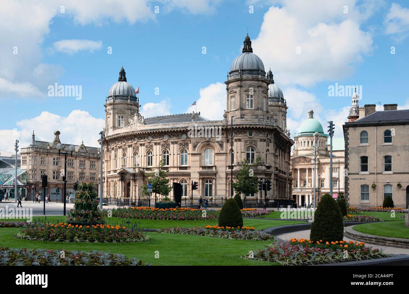 HULL, UK - JULY 11, 2020: Queens Gardens with grass and flowers and ...