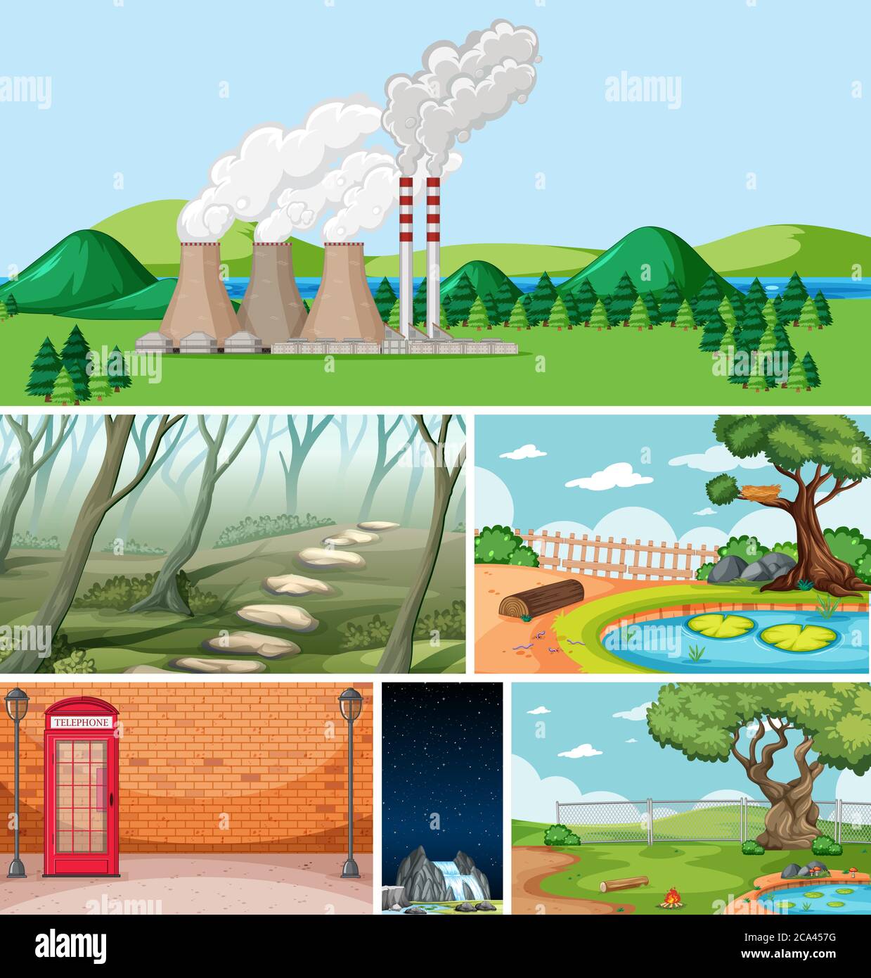 Six different scenes in nature setting cartoon style illustration Stock ...