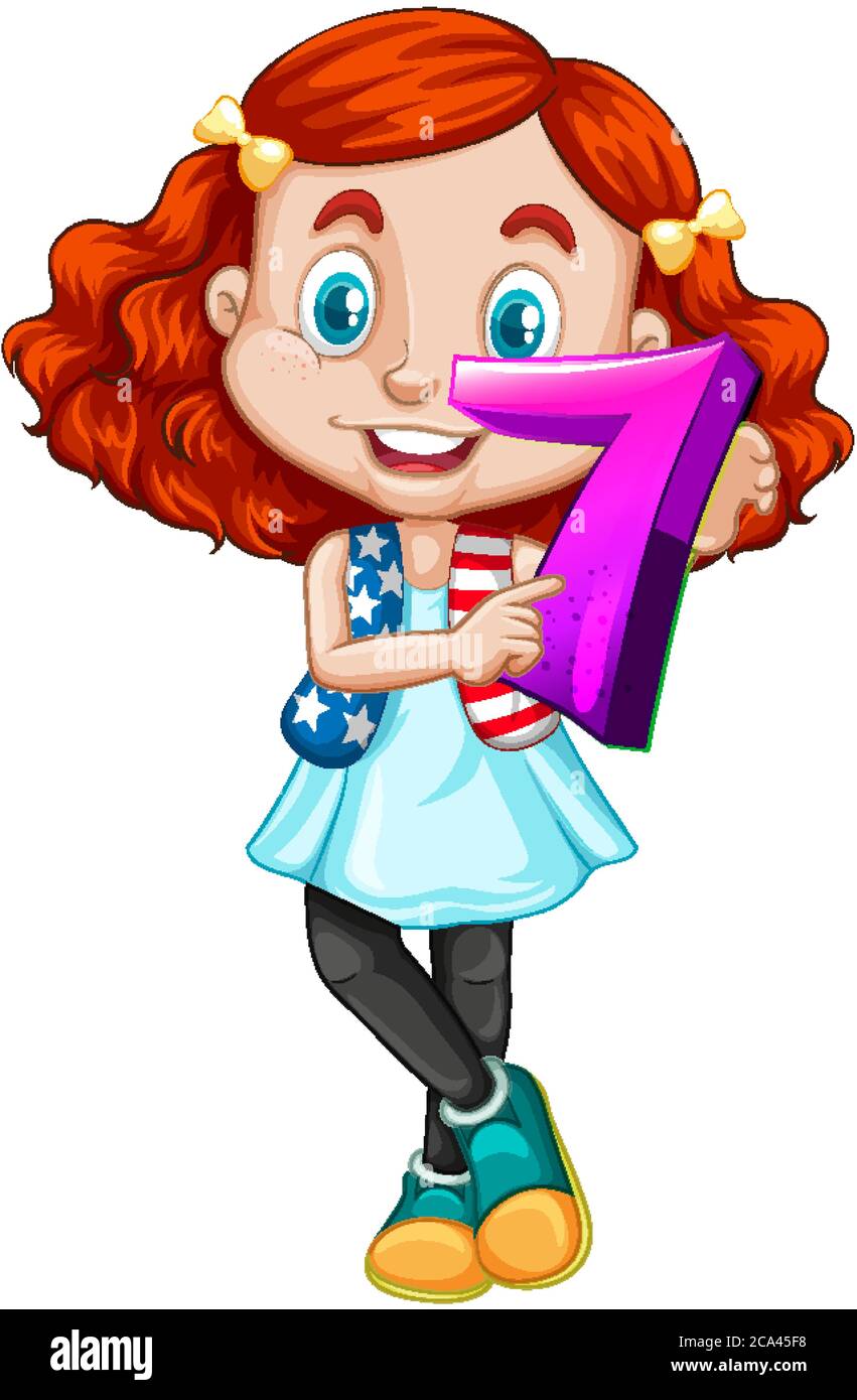 Cute girl with red hair holding math number seven illustration Stock ...