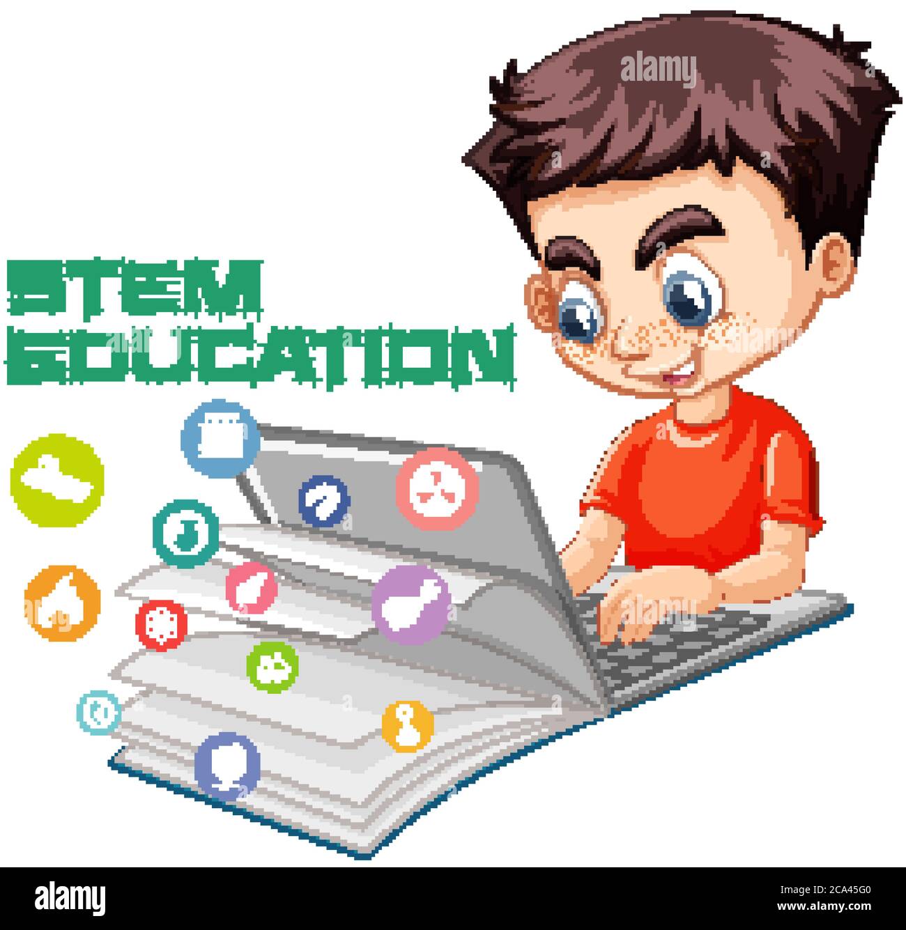 Boy searching on laptop with stem education logo cartoon style isolated ...