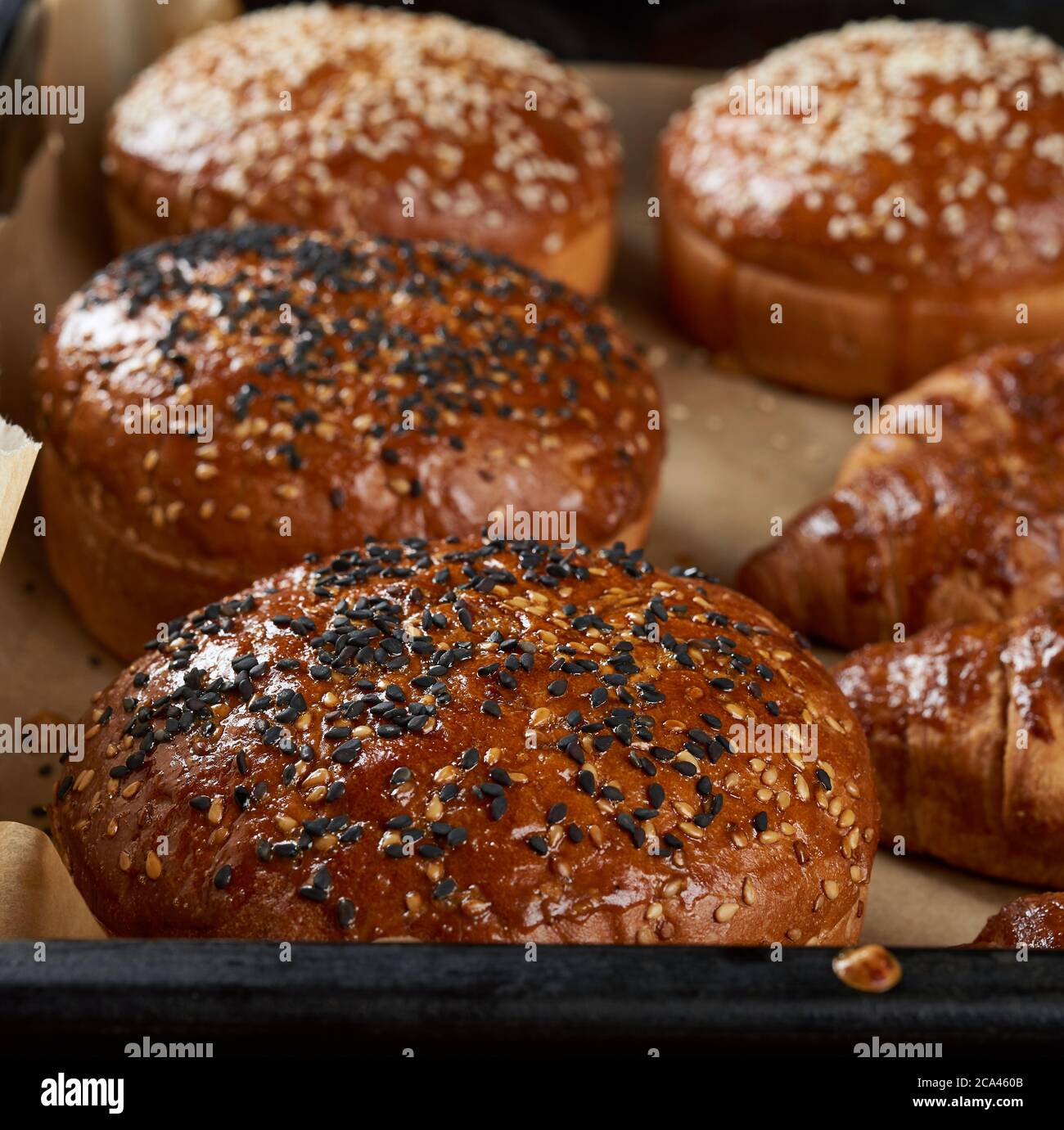 baked sesame buns on brown parchment paper, ingredient for a hamburger ...