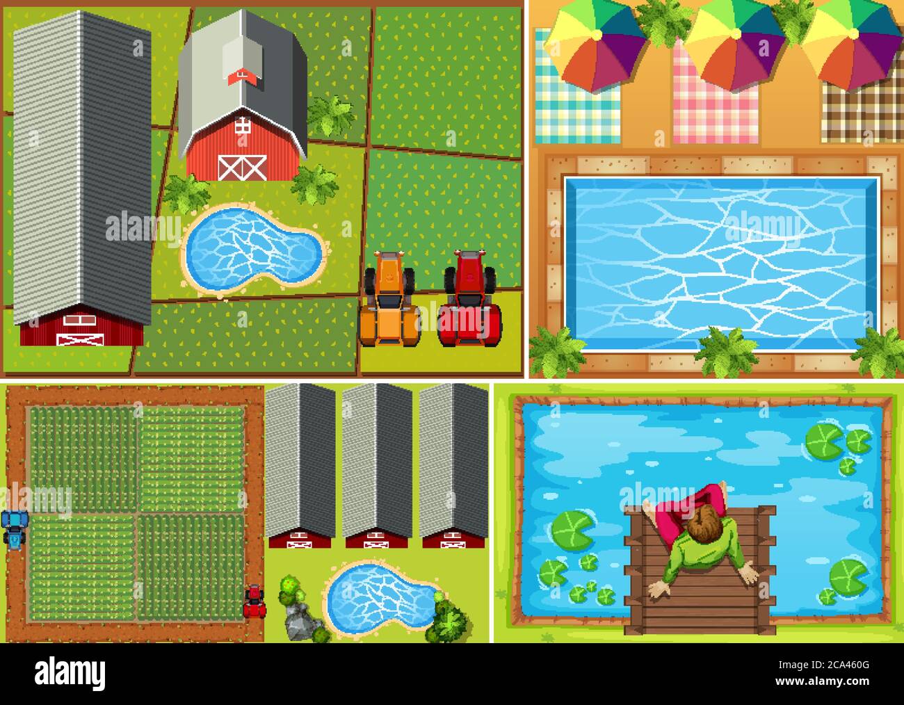 Set of aerial farm and pool and swamp scene illustration Stock Vector ...