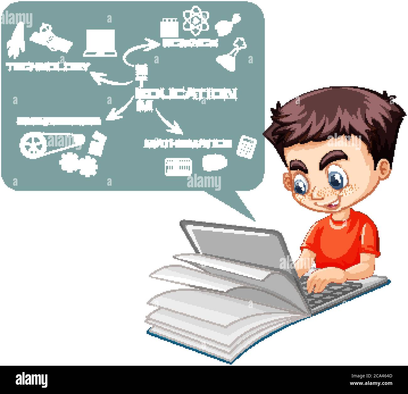 Boy searching on laptop with stem education map cartoon style isolated ...