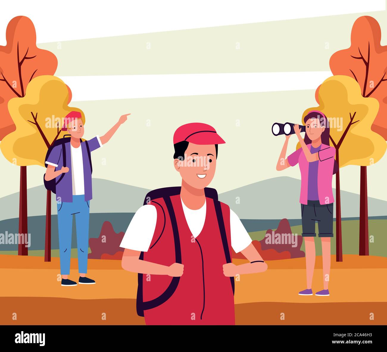 group of tourist people doing activities in the autumn landscape vector ...