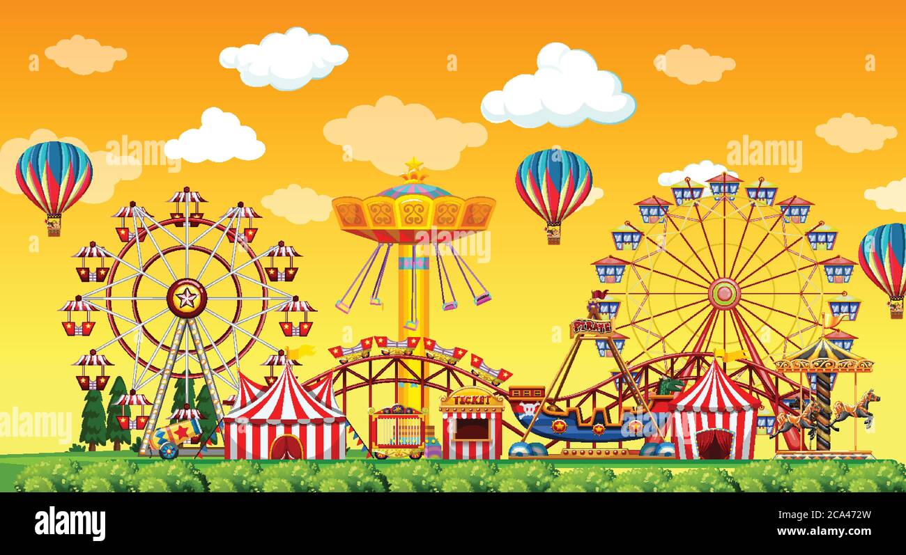 Amusement park scene at daytime with balloons in the sky illustration ...