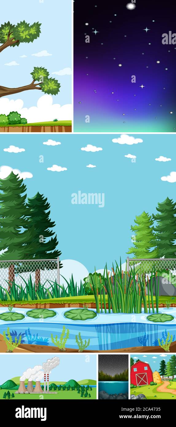 Six different scenes in nature setting cartoon style illustration Stock ...