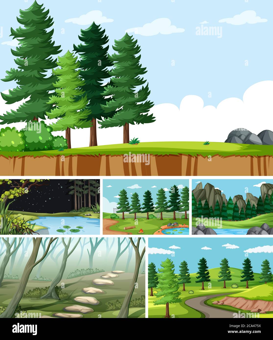 Six different scenes in nature setting cartoon style illustration Stock ...