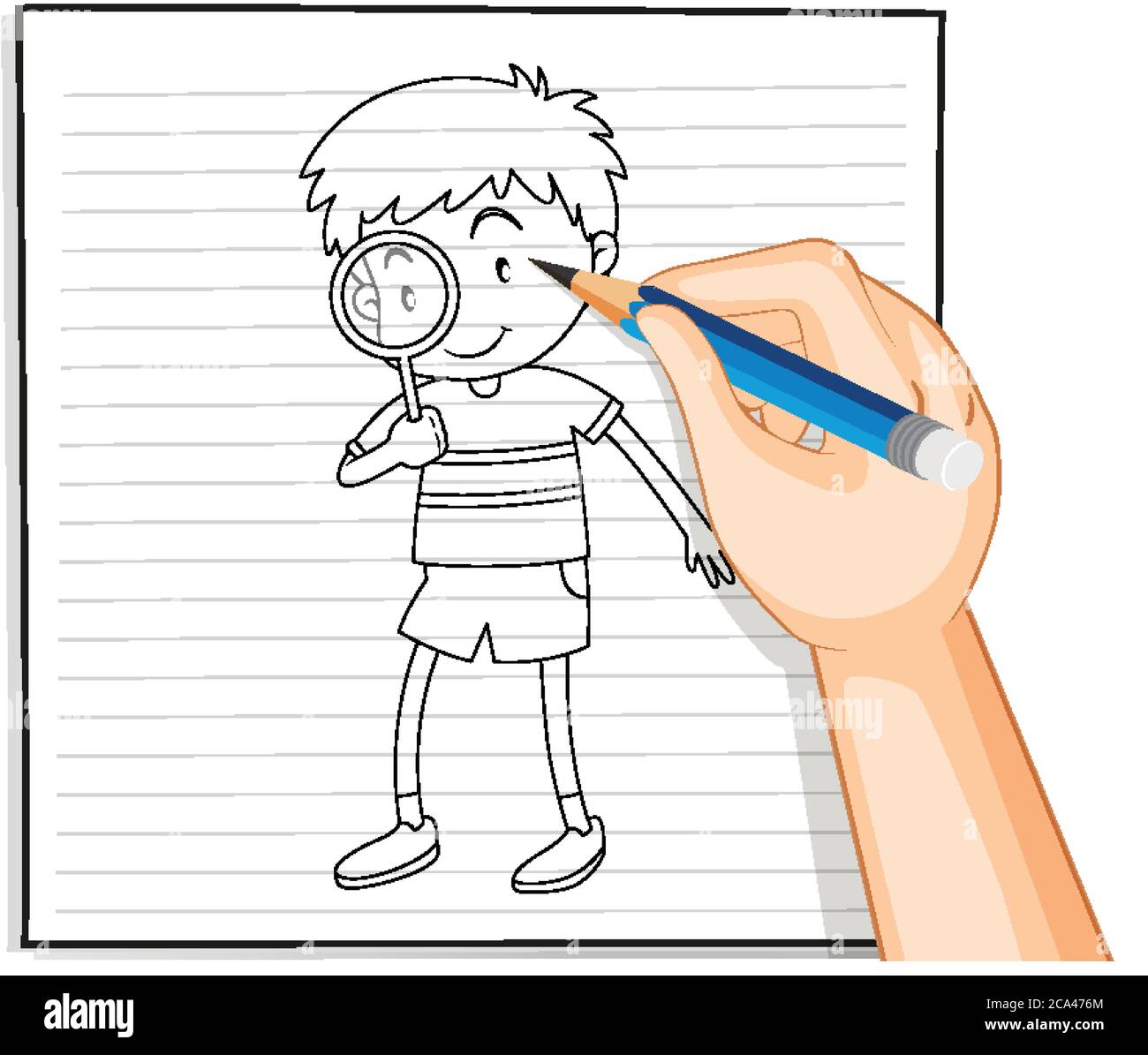 Hand writing of boy using magnifying glass outline illustration Stock ...