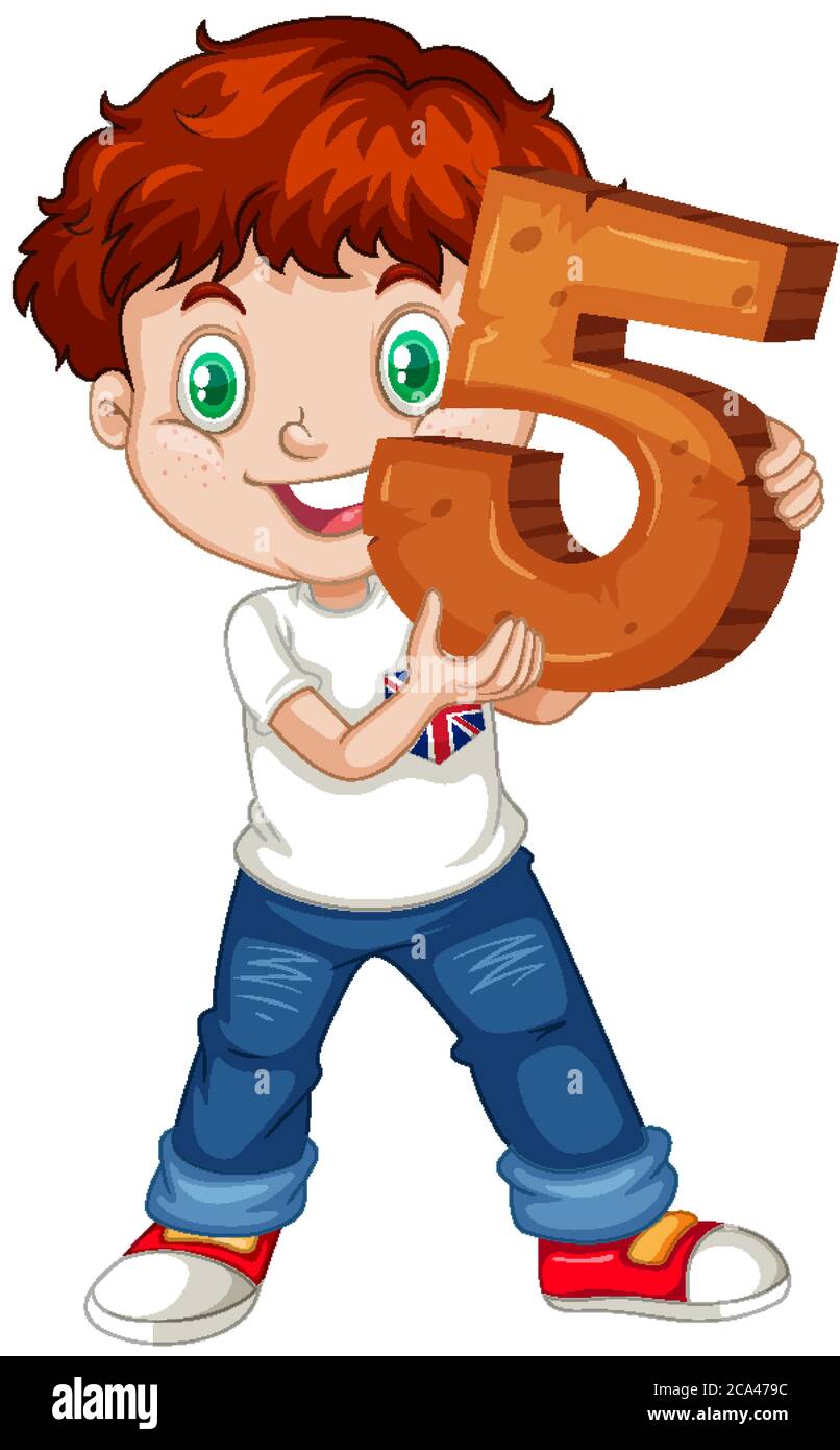 Cute boy with red hair holding math number five illustration Stock ...