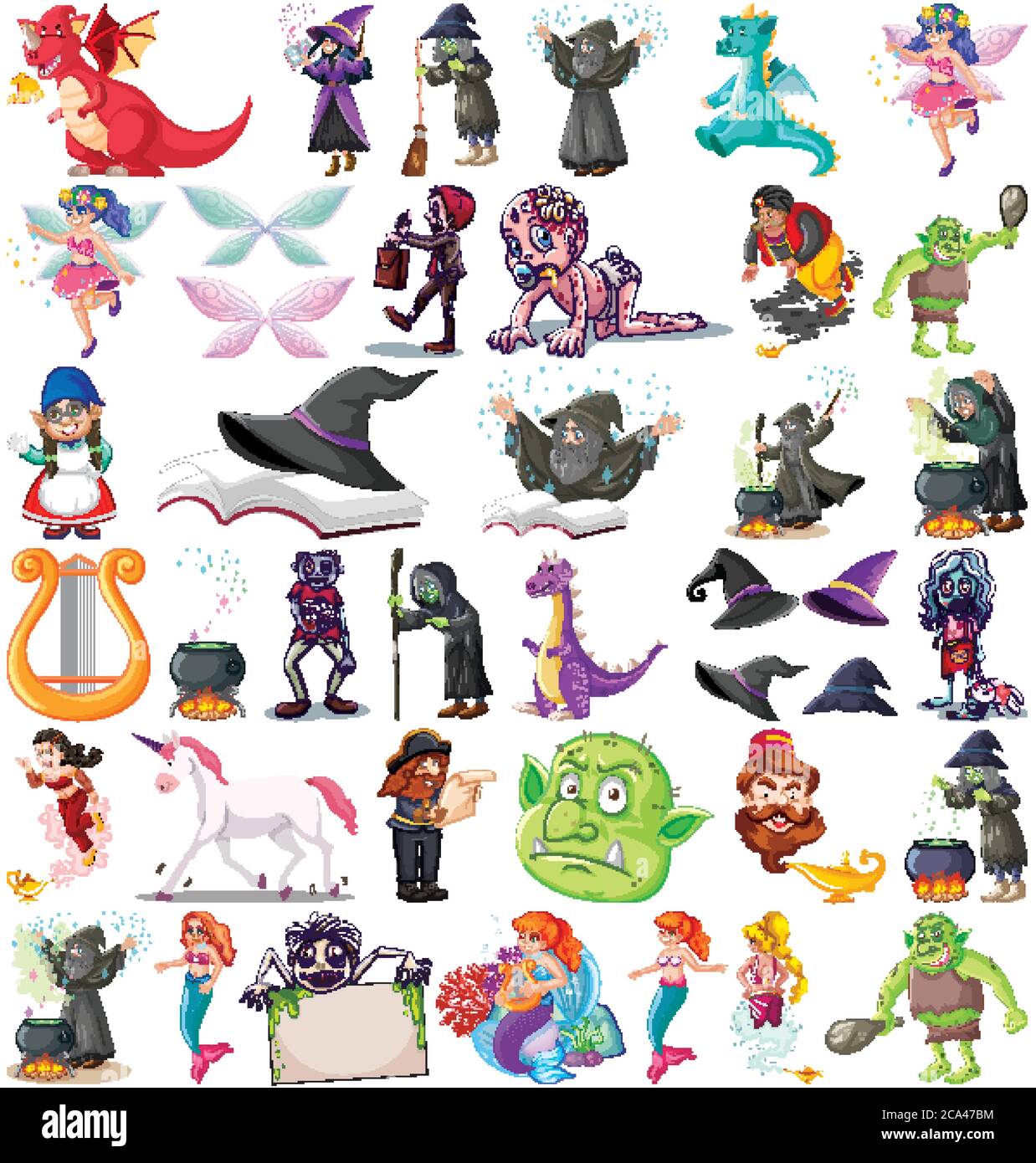 Set of fantasy cartoon characters and fantasy theme isolated on white ...